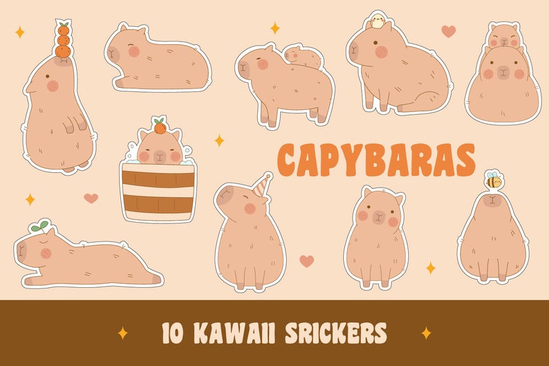 Capybara Kawaii Stickers. Cute Capybaras 10 Png Digital Sticker Pack ...