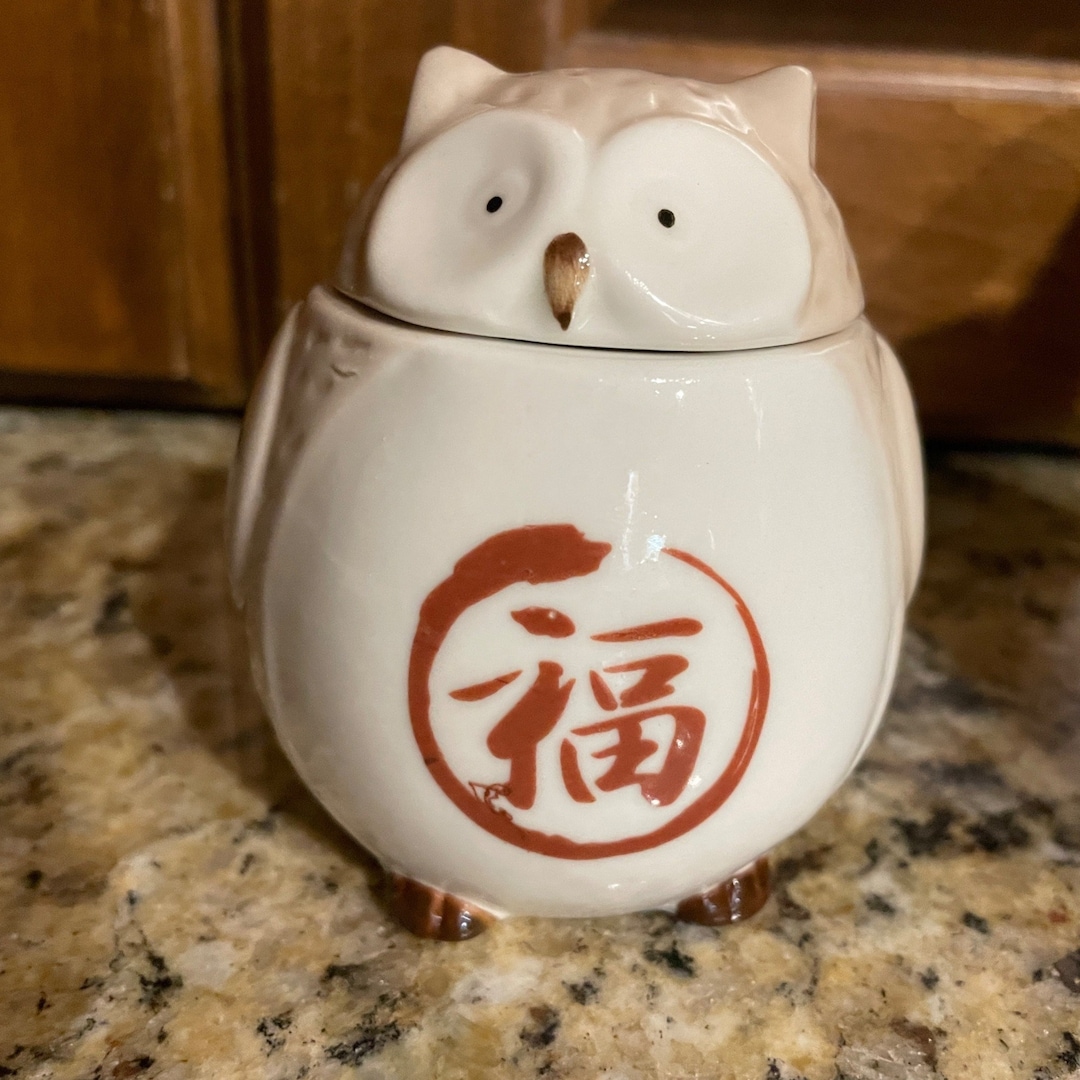 Japanese Owl Tea or Seasoning Cup With Blessing Character, Glazed ...