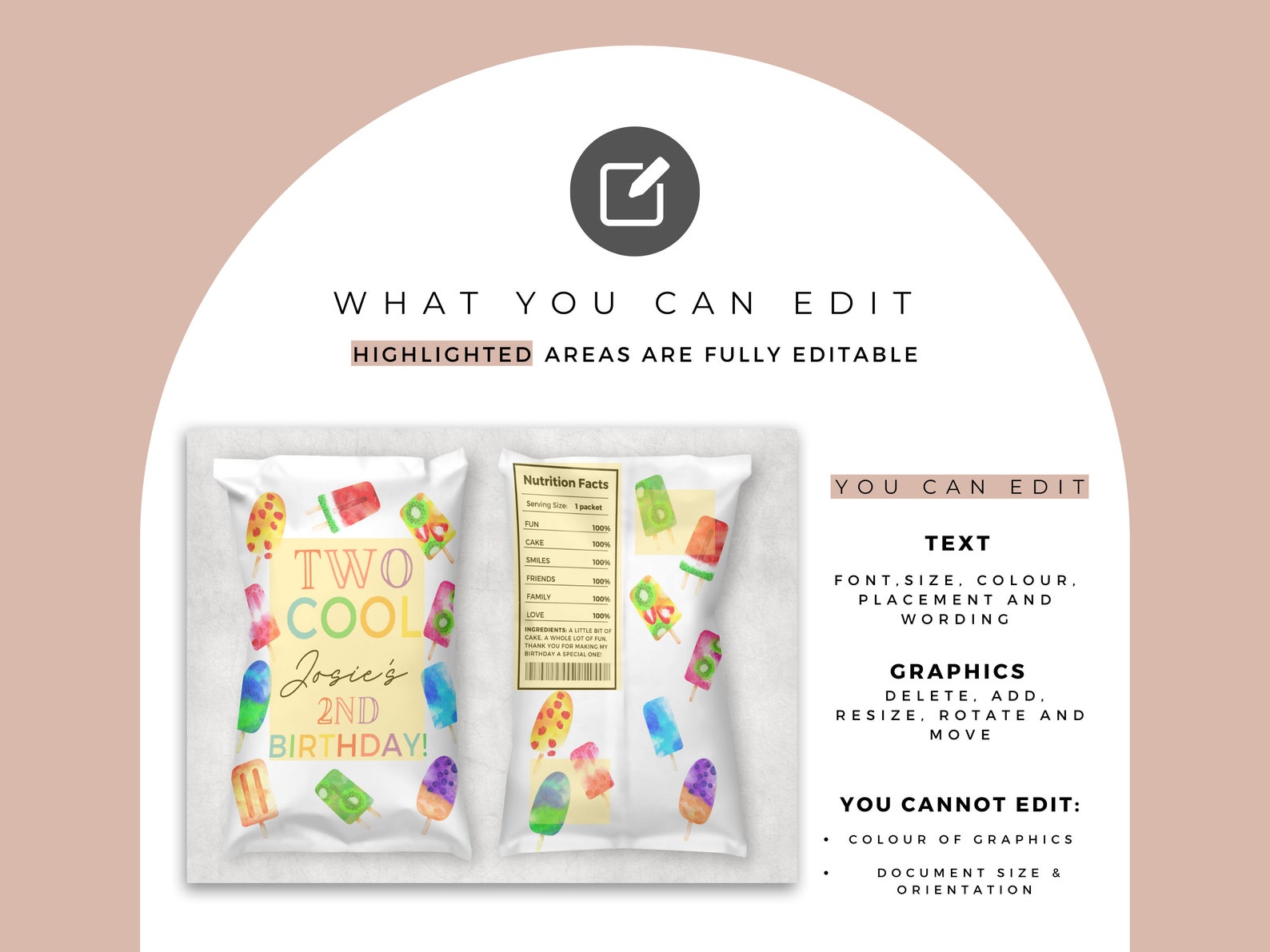Two Cool Popsicle Chip Bag Template, Editable 2nd Birthday Girl Rainbow ...