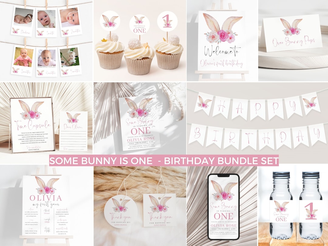 Some Bunny is One Birthday Bundle Template Set, Bunny First Birthday ...
