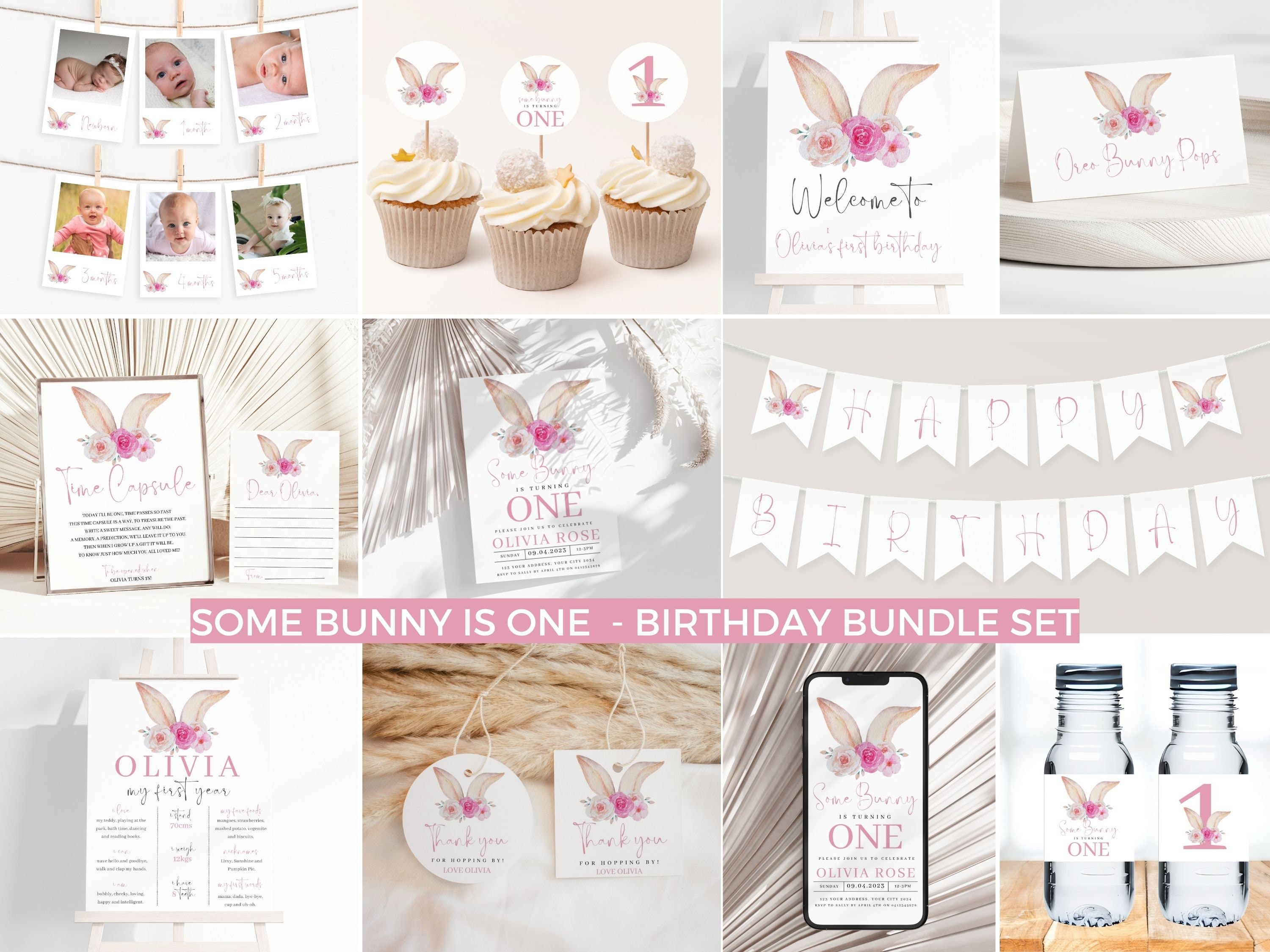 Some Bunny is One Birthday Bundle Template Set, Bunny First Birthday ...