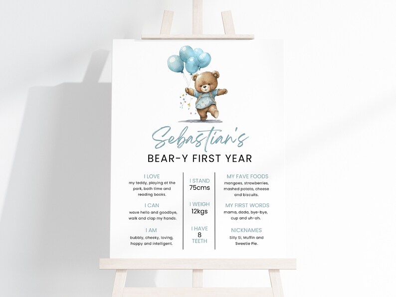 Beary First Birthday Milestone Poster, Teddy Bear 1st Birthday Editable ...
