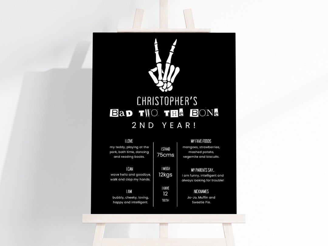 Bad Two the Bone Milestone Sign, Editable Boys 2nd Skeleton Halloween ...