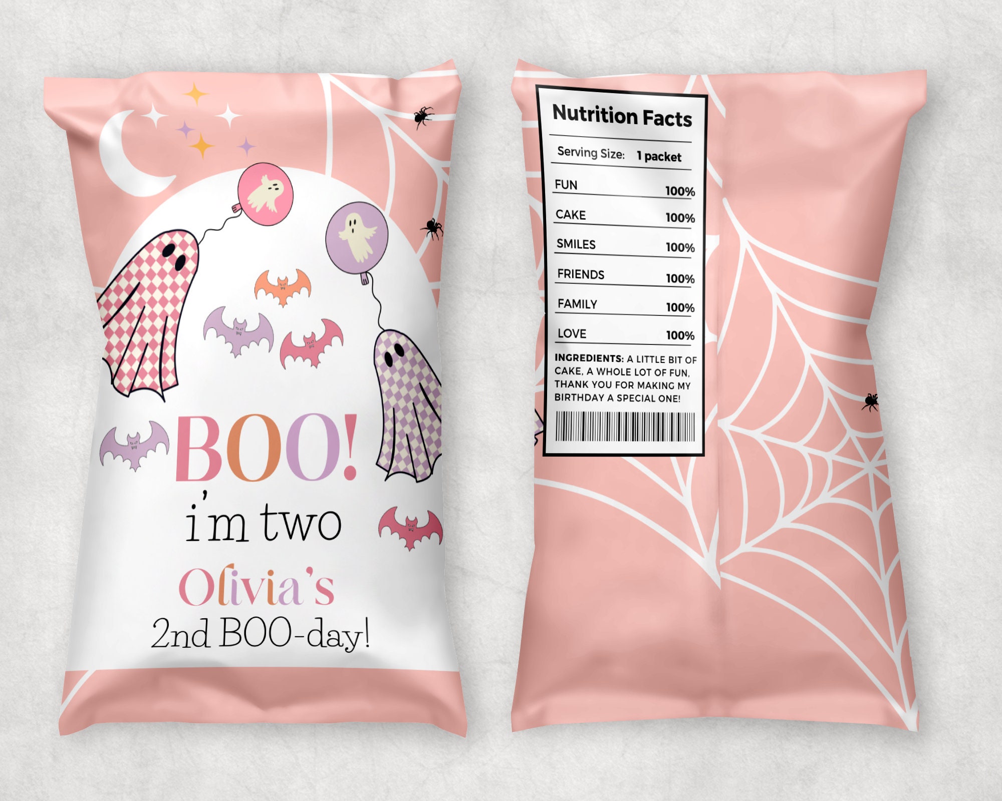 Boo Im Two Chip Bag Party Favors, Editable Halloween Pink Ghost Girl ...