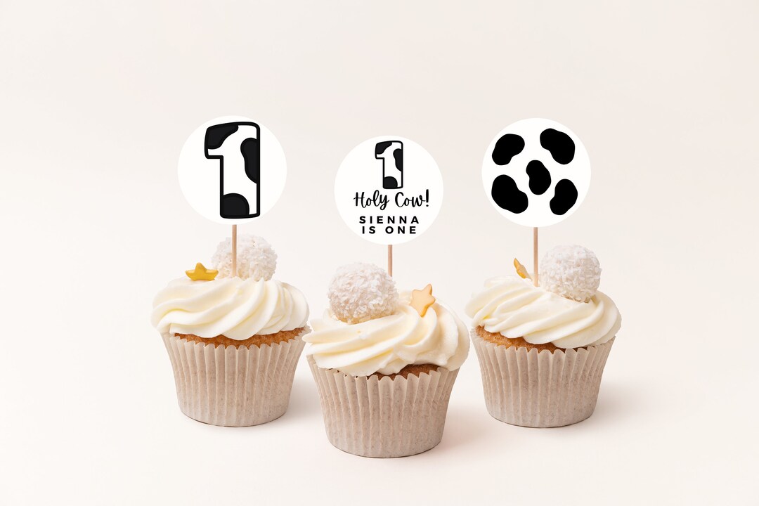 Holy Cow I'm One Cupcake Toppers, Editable Black and White Cow Print ...