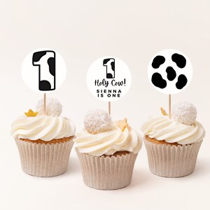 Holy Cow I'm One Cupcake Toppers, Editable Black and White Cow Print ...