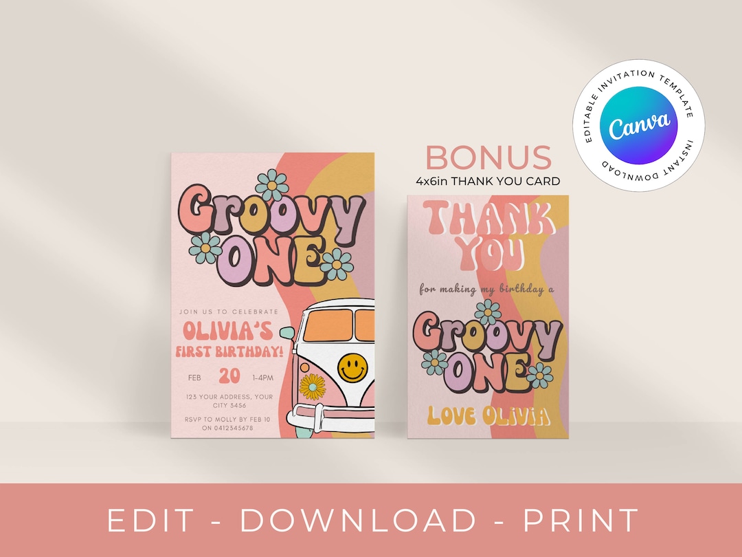 Editable Groovy One Invite, Groovy One Invitation, Groovy One Birthday ...