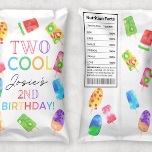 Two Cool Popsicle Chip Bag Template, Editable 2nd Birthday Girl Rainbow ...