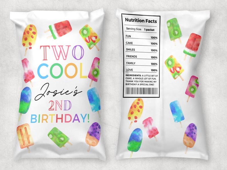 Two Cool Popsicle Chip Bag Template, Editable 2nd Birthday Girl Rainbow ...