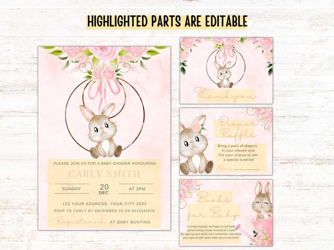 Editable Bunny Baby Shower Invitation Girl, Bunny Baby Shower ...