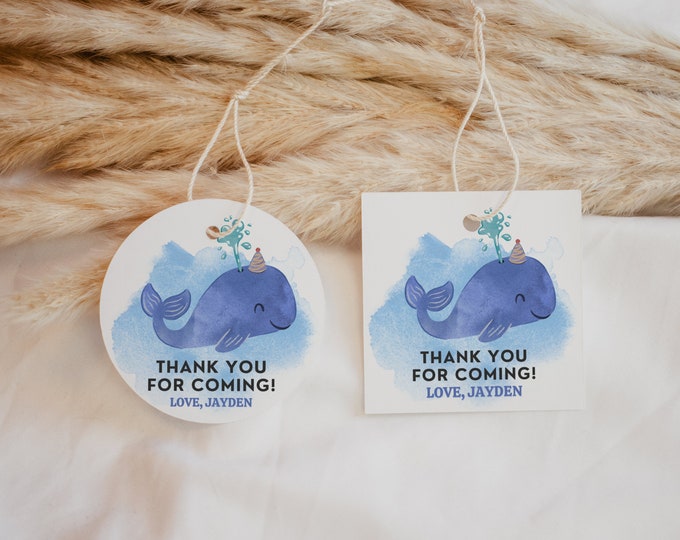 Editable Whale Birthday Favor Tags, Ocean Party Thank You Notes, Under ...