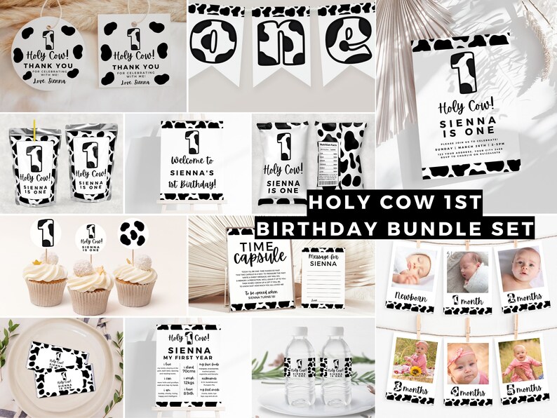 Holy Cow First Birthday Bundle Templates, Holy Cow I'm One Girl Boy ...