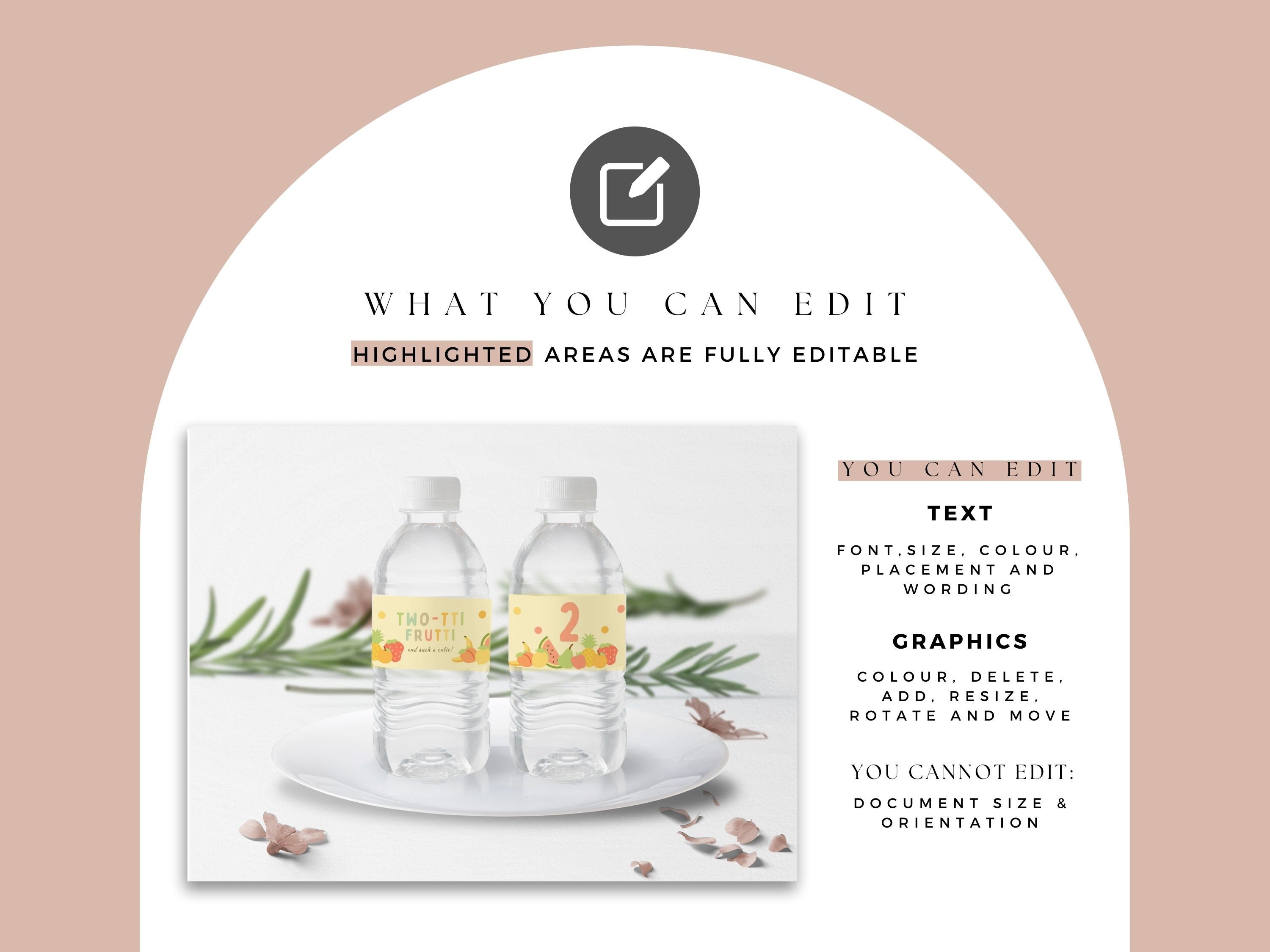 Editable Twotti Frutti Water Bottle Labels, 2nd Birthday Girl Water ...