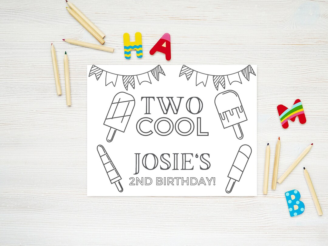 Two Cool Popsicle Coloring Placement, Editable 2nd Birthday Girl ...