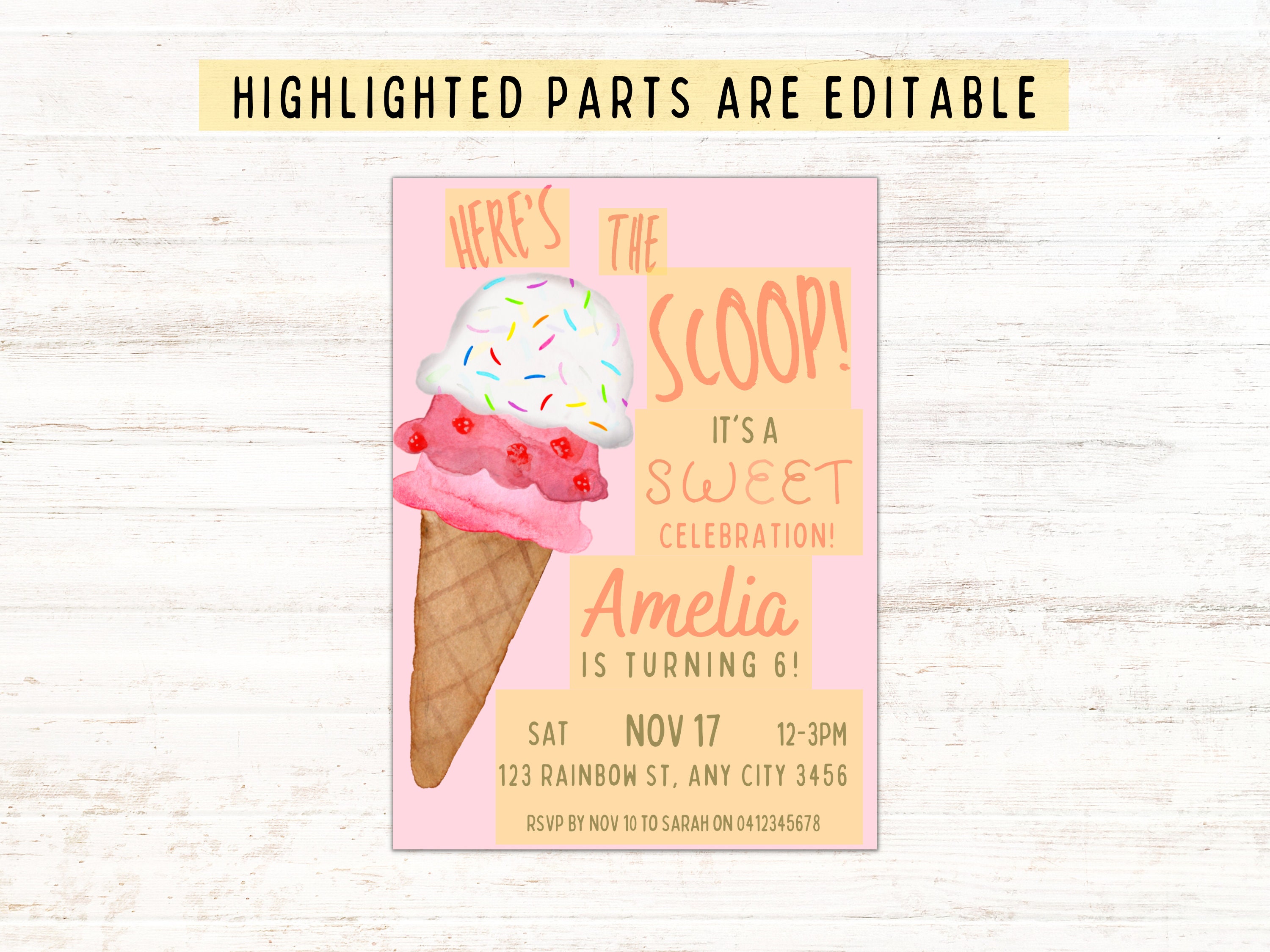 Editable Here's the Scoop Ice Cream Invitation, Sweet Celebration, Ice ...