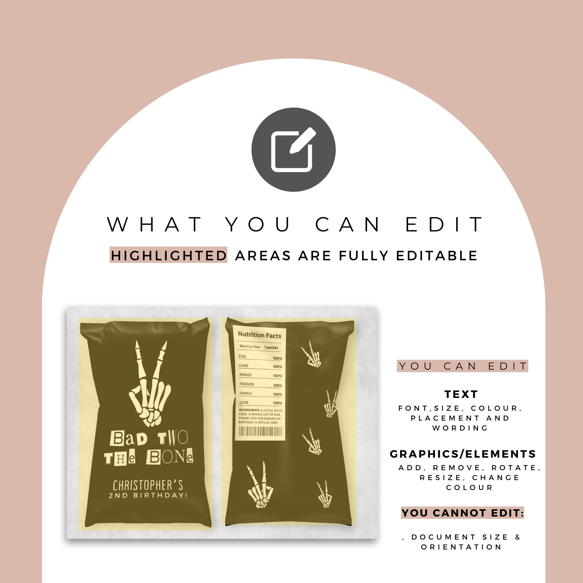 Bad Two the Bone Chip Bag Wrap Template, Editable Boys 2nd Skeleton ...