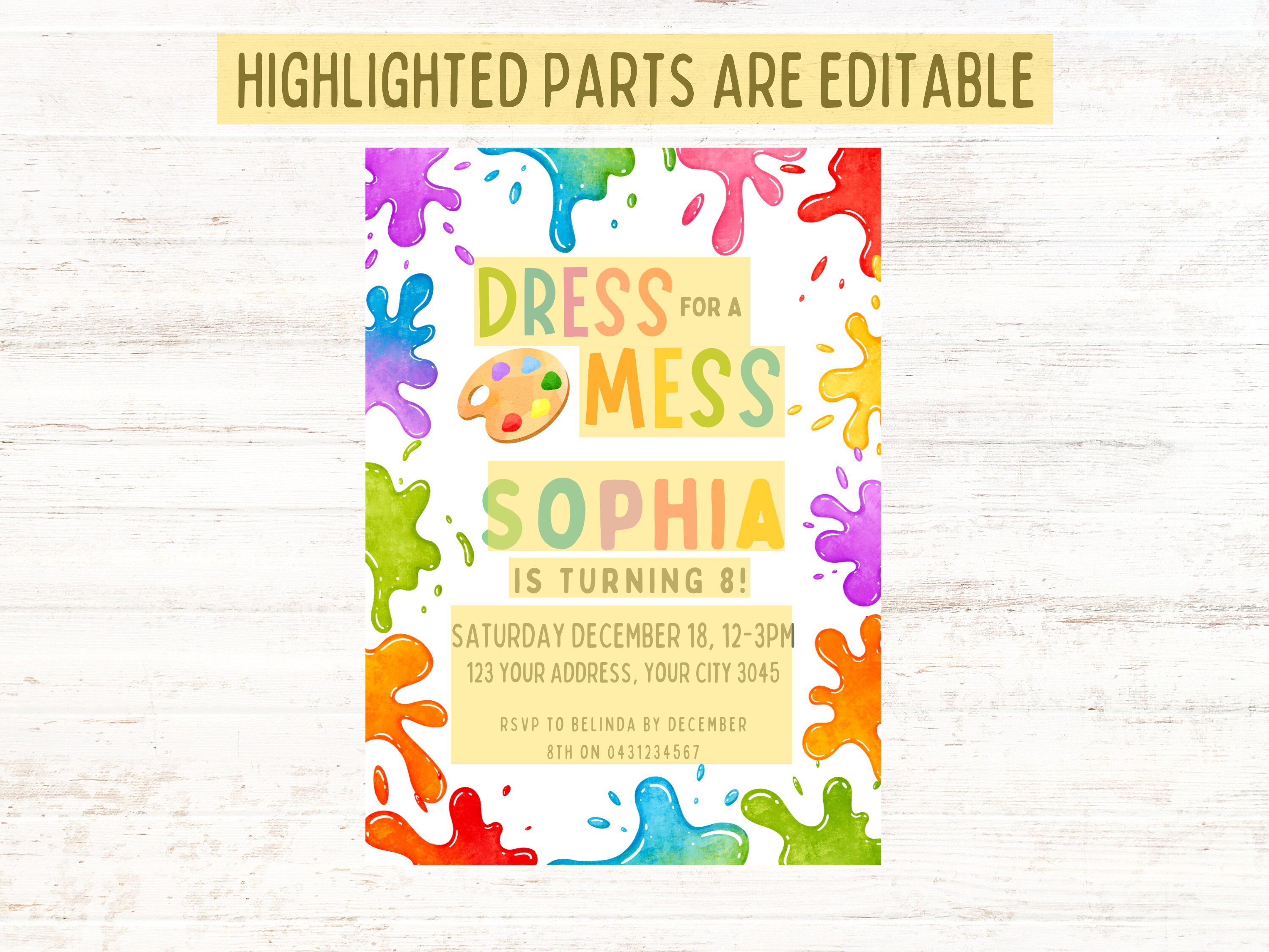 Editable Dress for A Mess Painting Birthday Invitation for Girls ...