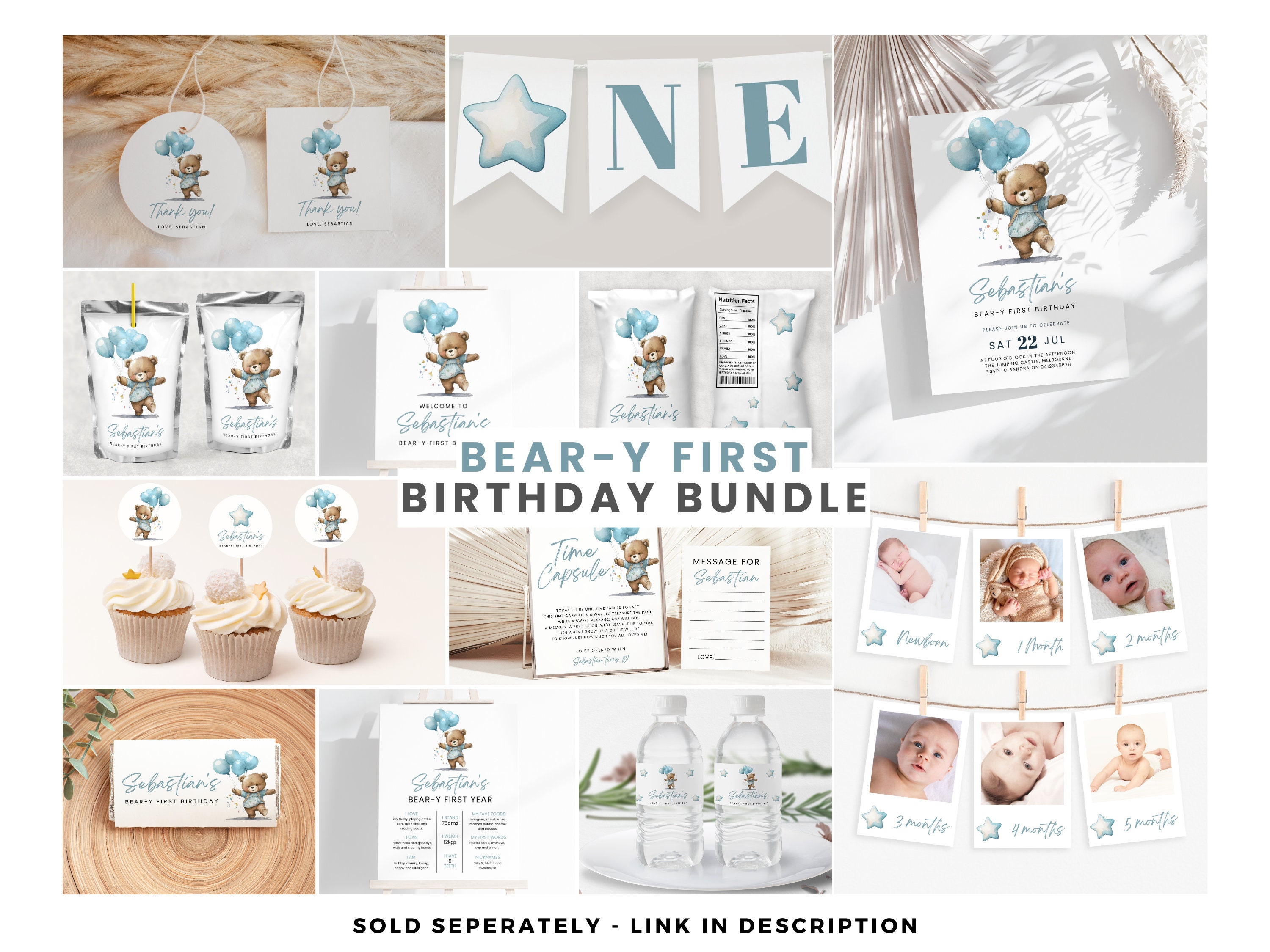 Beary First Birthday Thank You Tags, Teddy Bear Theme 1st Birthday ...