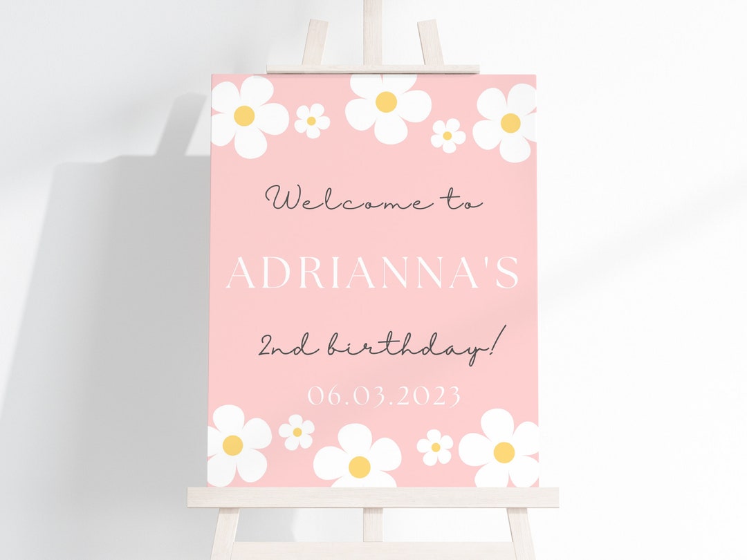Two Groovy Welcome Sign, Editable Pink Retro Daisy 2nd Birthday Decor ...