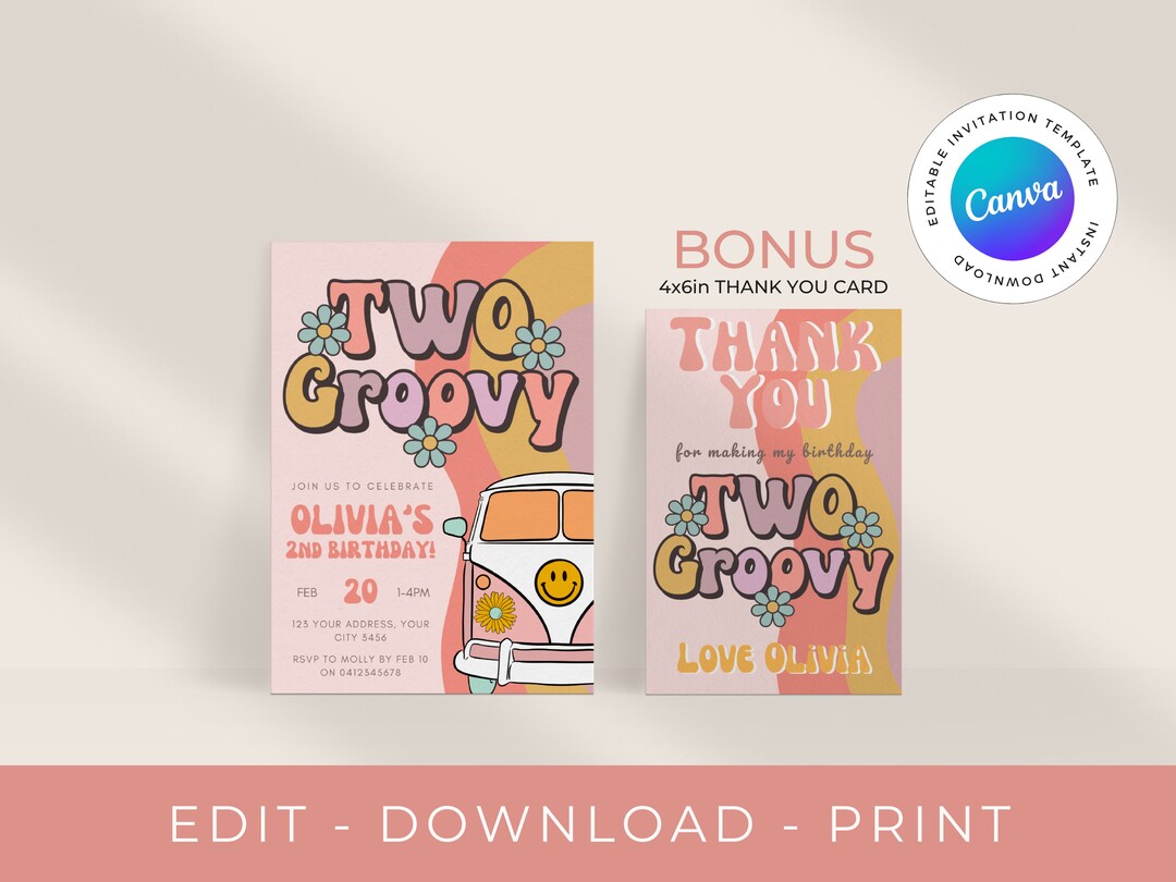 Editable Two Groovy Invitation Digital, Two Groovy 2nd Birthday Invite ...