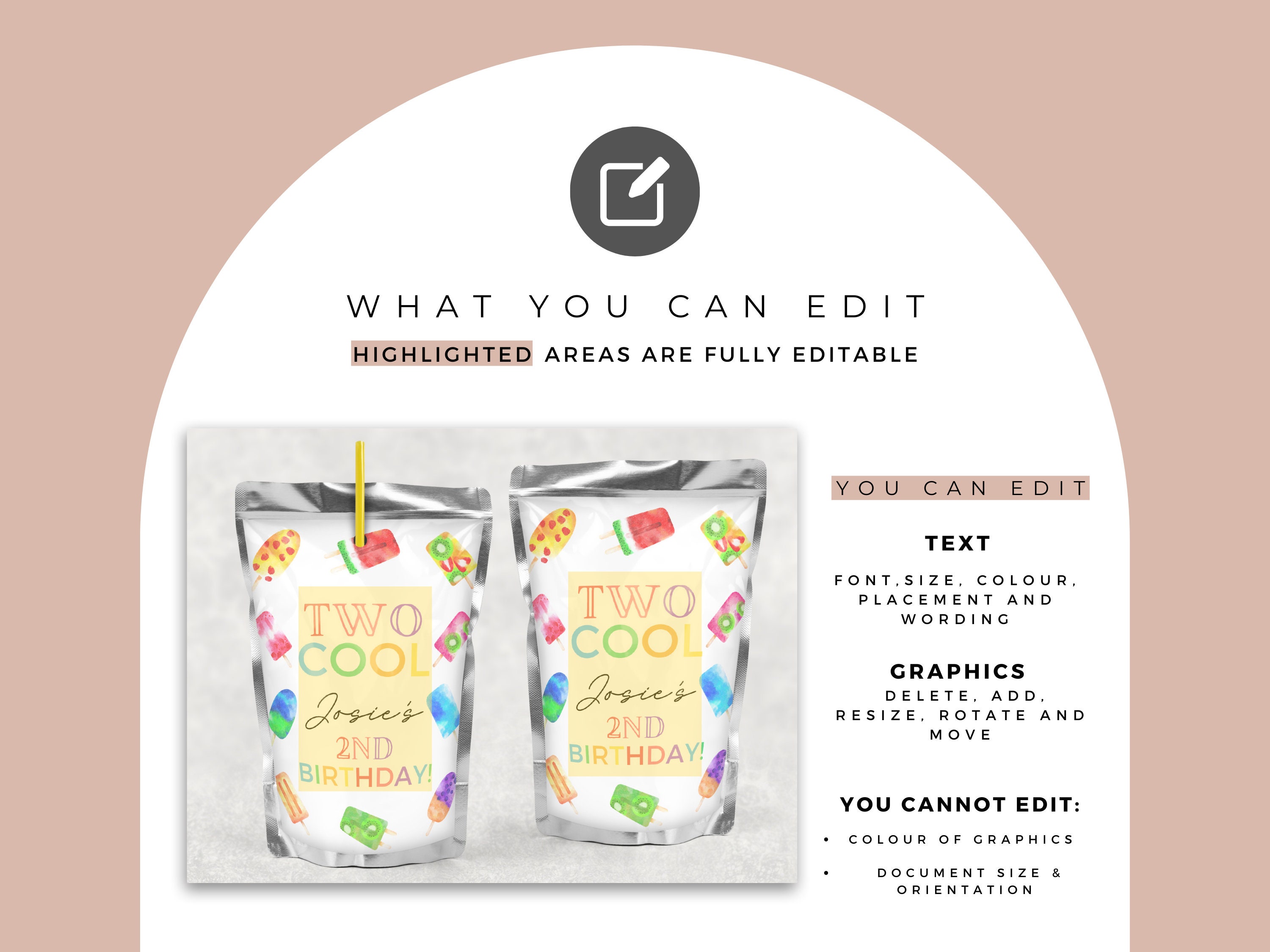 Two Cool Popsicle Capri Sun Labels, Editable 2nd Birthday Girl Rainbow ...