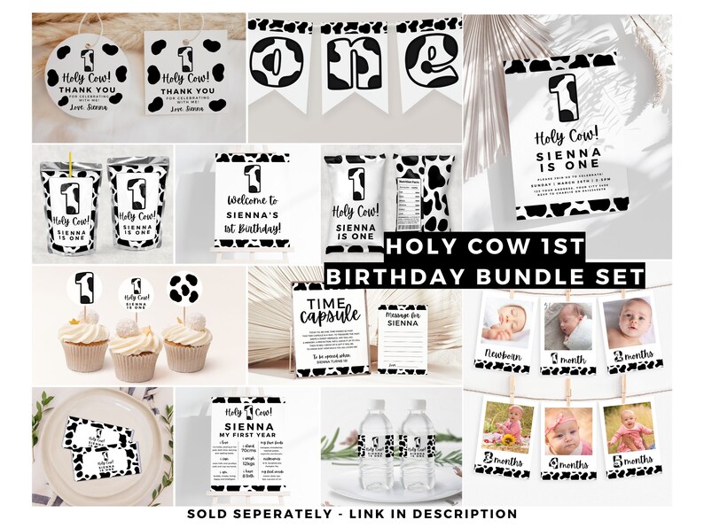 Holy Cow I'm One Cupcake Toppers, Editable Black and White Cow Print ...