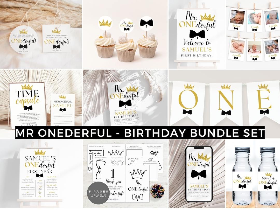 Mr Onederful Birthday Bundle Template Set, Editable Black and Gold 1st ...