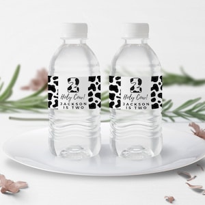 Editable Cow Print Water Bottle Label, Holy Cow I'm Two Party Favors ...