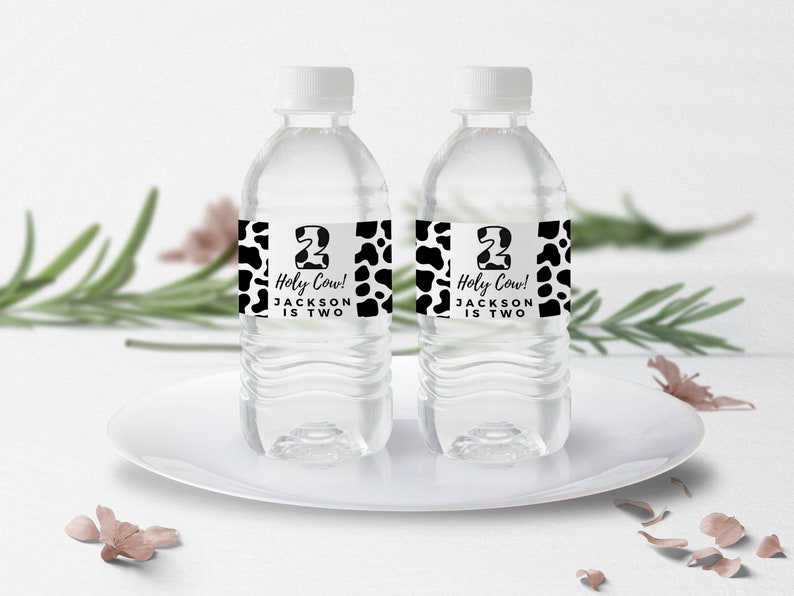 Editable Cow Print Water Bottle Label, Holy Cow I'm Two Party Favors ...