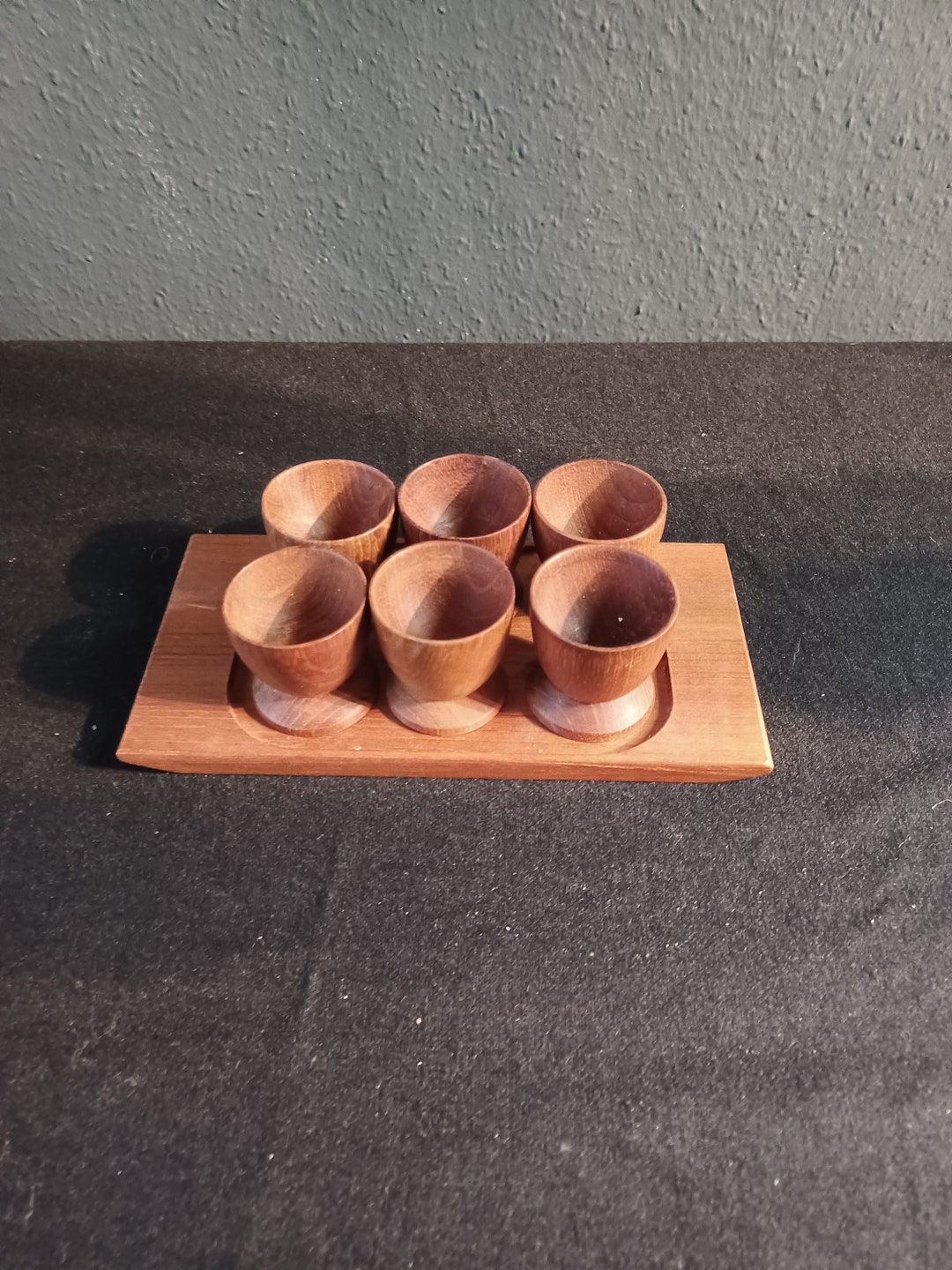 Great Set of Egg Cups Made of Teak Wood on a Small Tablet, Scandinavian ...