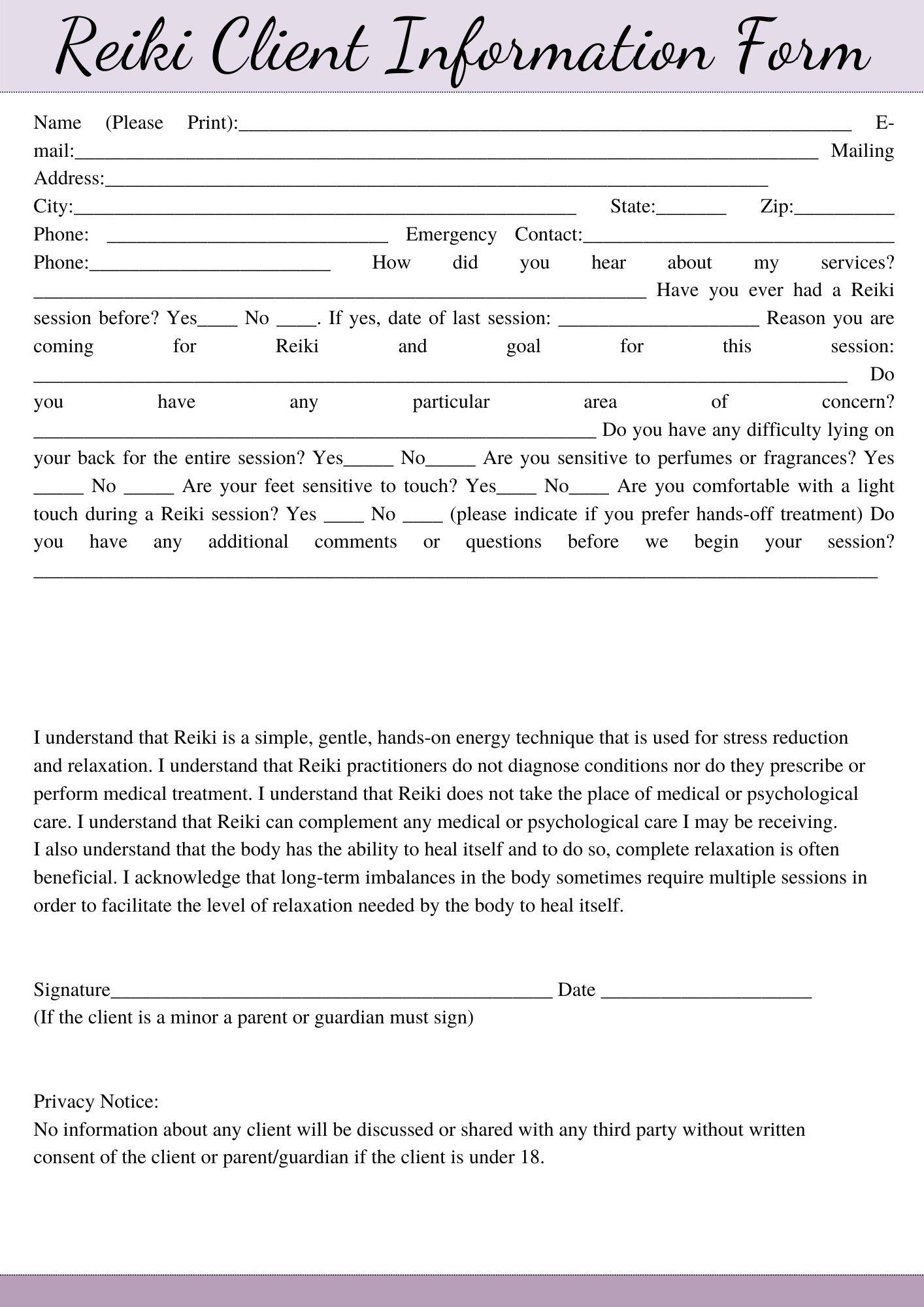 Reiki Client Intake Form | Printable Template Energy Healing Session ...