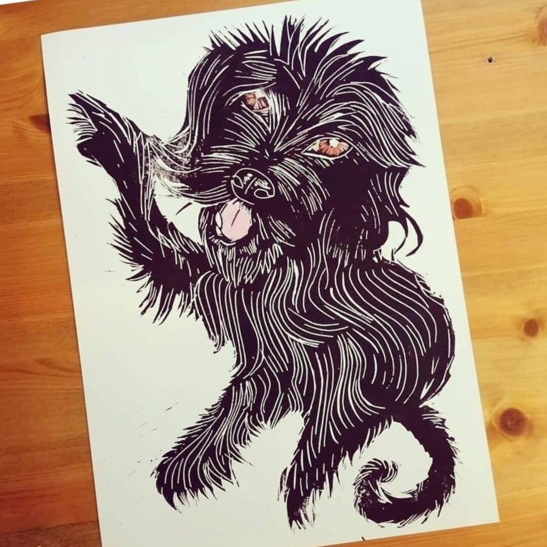 Boe. Black Cockapoo, Pet Portrait, Linocut Print, Dog Linoprint, Dog ...