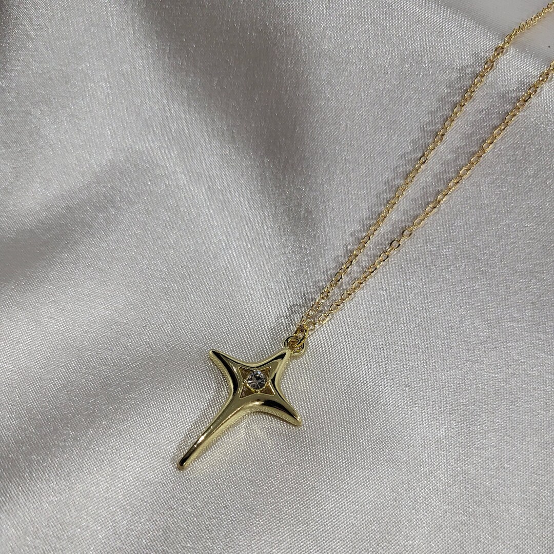 Gold North Star Cross With Clear Rhinestone Charm Necklace - Etsy