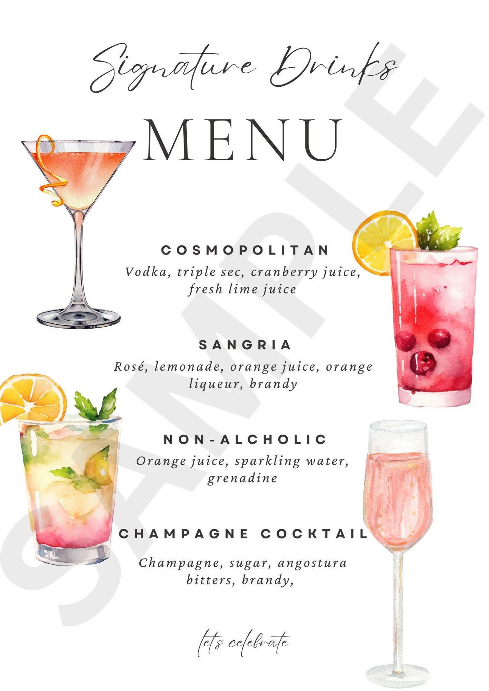 WEDDING & PARTY Drinks Menu Printable Menu Cocktail Bar Menu Template ...