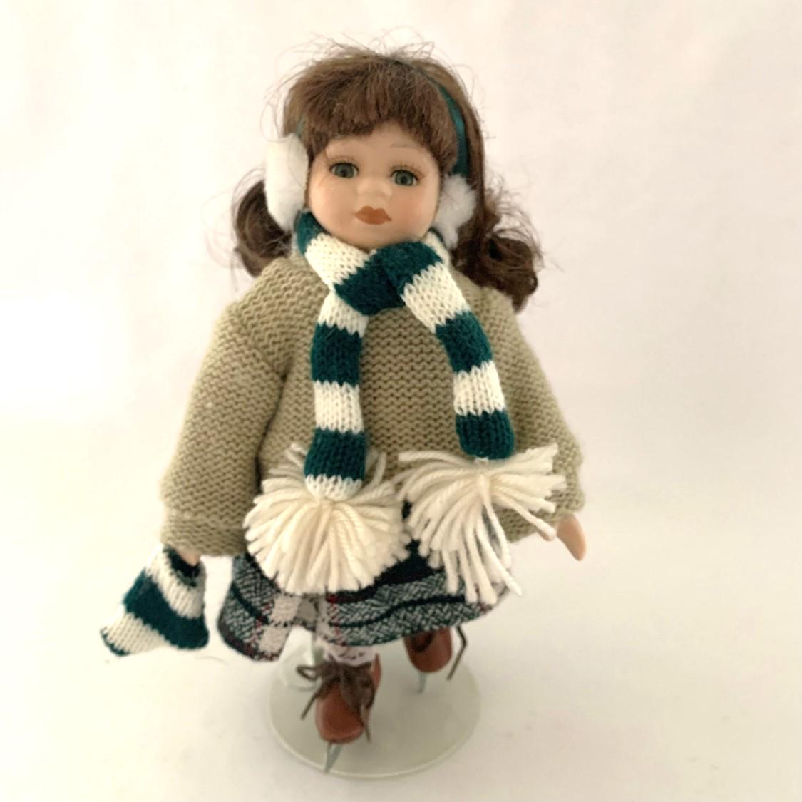 Porcelain Doll ICE SKATER With Stand Brunette Hair Green Eyes Vintage ...