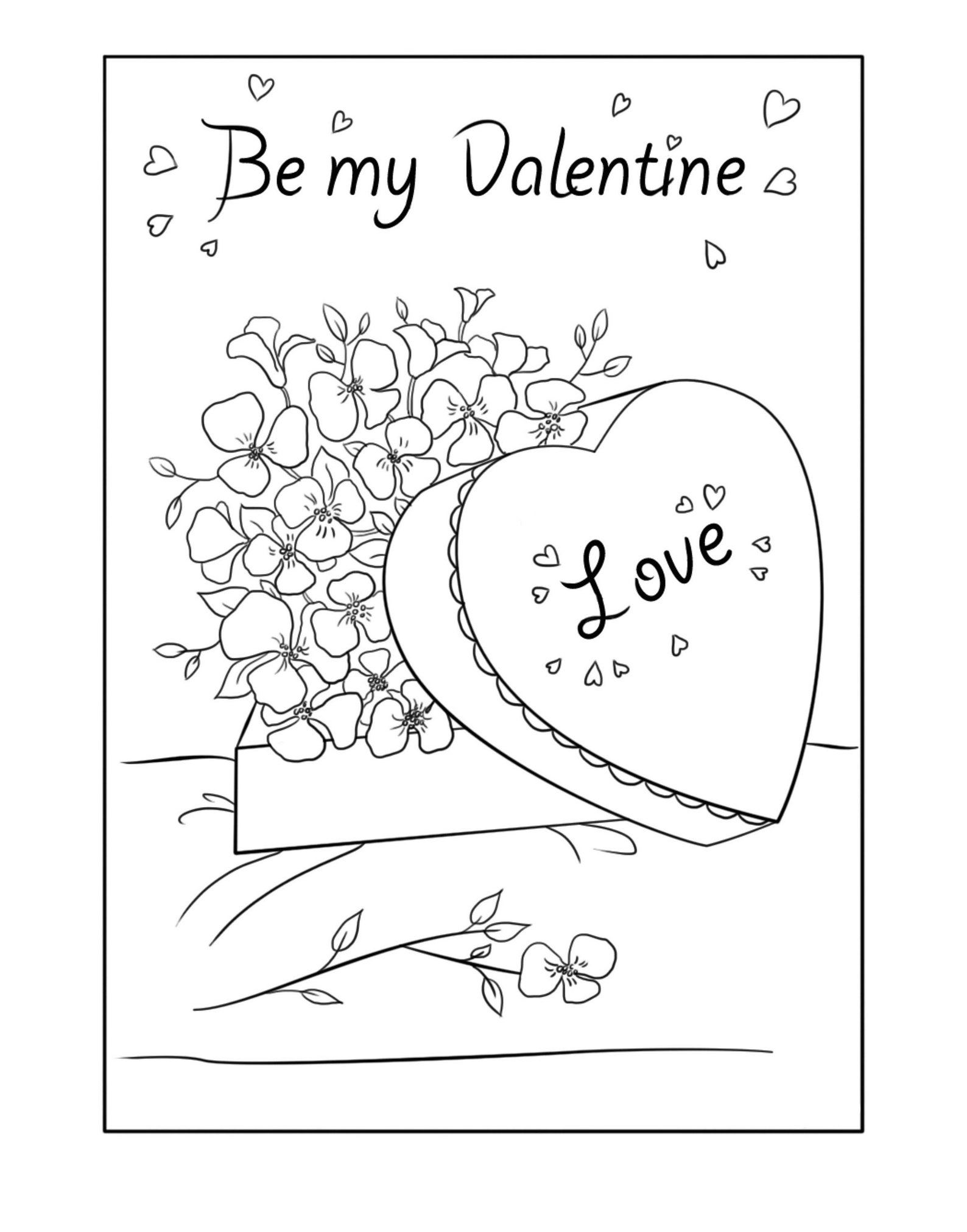 Be My Valentine Coloring Page, Hearts and Flowers, Valentine's Day ...