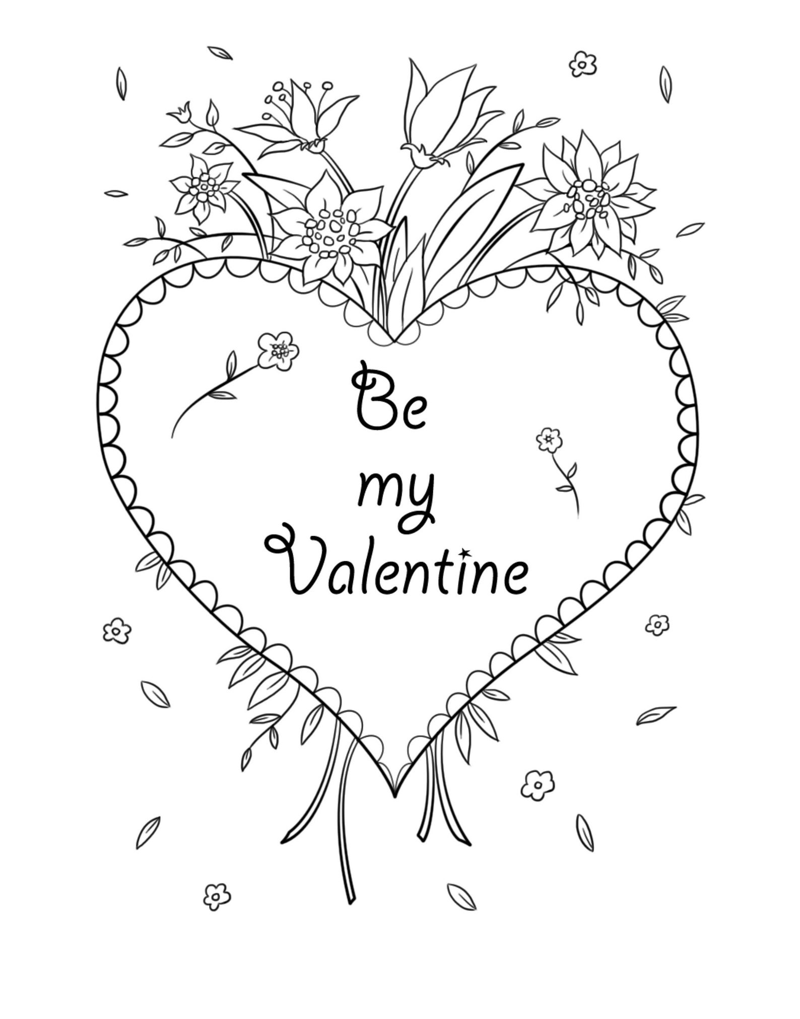 Be My Valentine Coloring Page, Hearts and Flowers, Valentine's Day ...