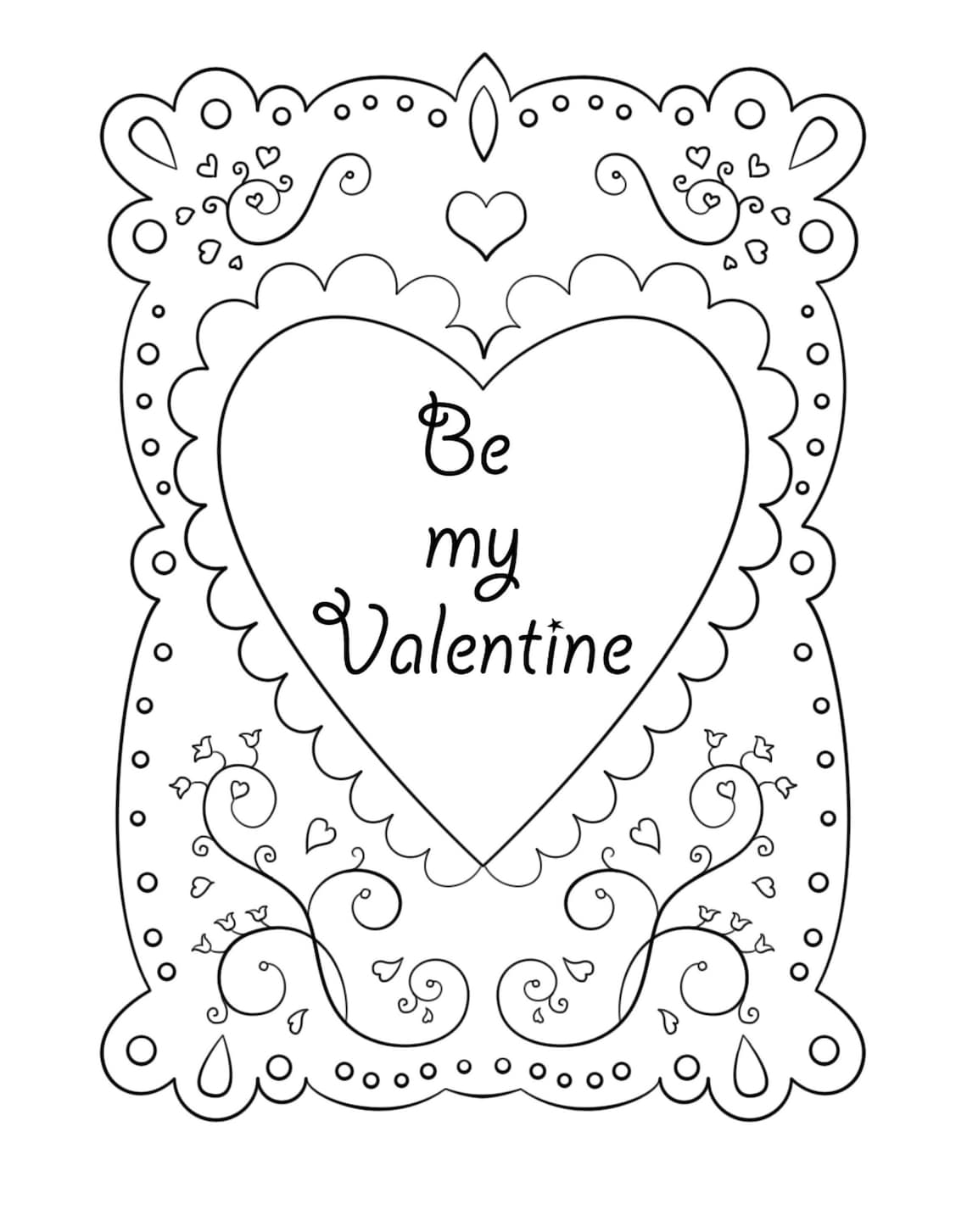 Be My Valentine Coloring Page, Floral Coloring Page, Valentine's Day ...