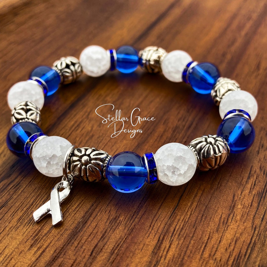 10mm ALS Awareness Bracelet| Blue Glass & White Quartz Beads 6.75 ...