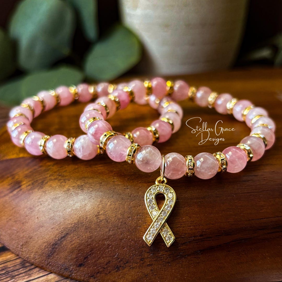 18kt Gold Preciosa Rose Quartz Breast Cancer Awareness Elastic Stacking ...