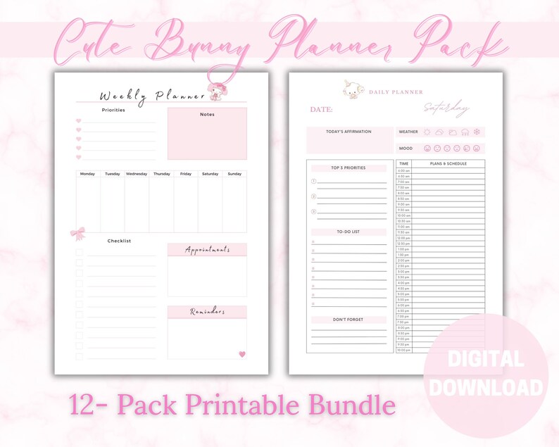Kawaii Cute Bunny Weekly Planner Daily Checklist Digital - Etsy