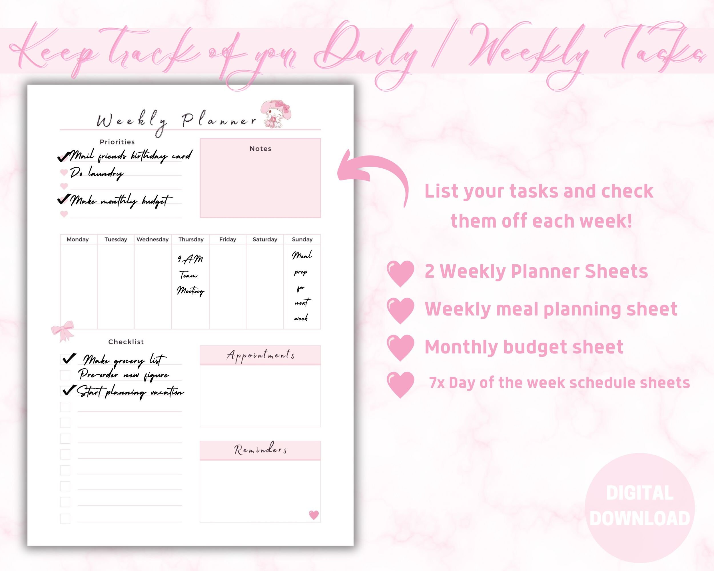 Kawaii, Cute Bunny, Weekly Planner, Daily Checklist, Digital Planning ...