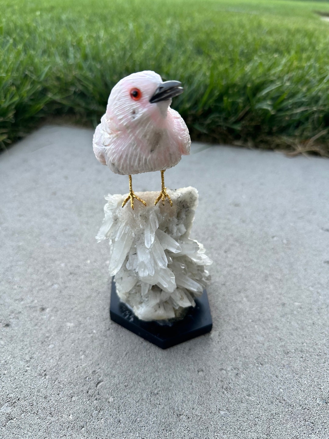 Pink Mangano Calcite Bird Statue on Natural Quartz With Pyrite Base ...