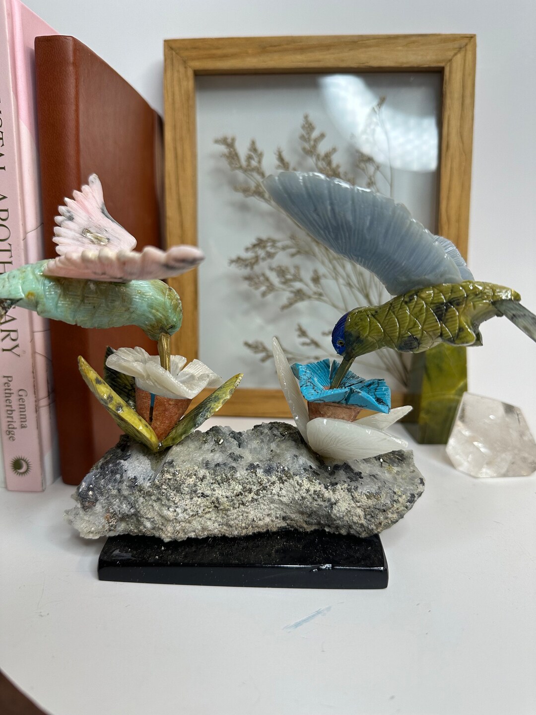 Hand Carved Hummingbirds Crystal Statue on a Natural Quartz Base Home ...