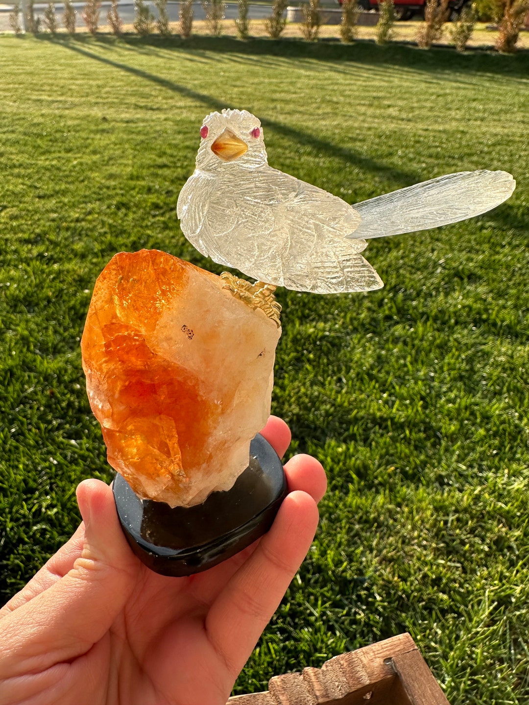 Clear Quartz Crystal Bird Statue on Citrine Stand, Hand Carved, Office ...
