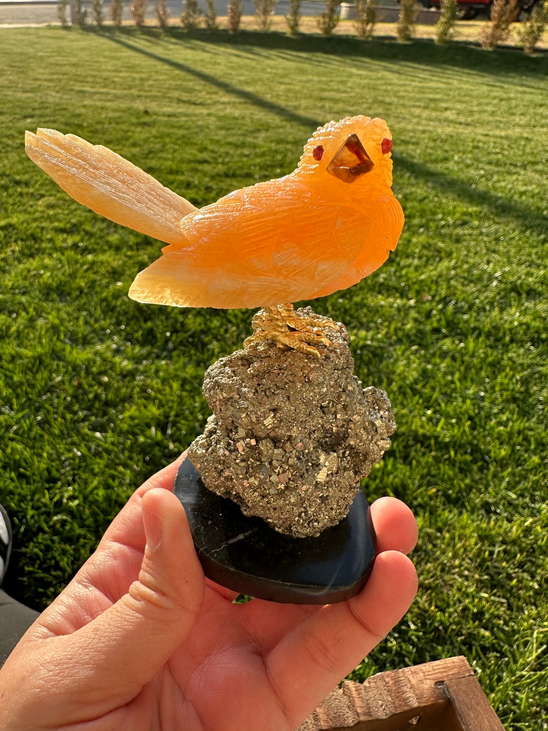 Orange Calcite Crystal Bird Statue on Pyrite Base Hand Carved - Etsy