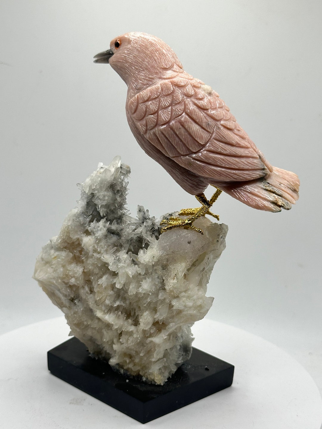 Pink Opal Crystal Bird Statue With Natural Quartz Stand (hand Carved ...