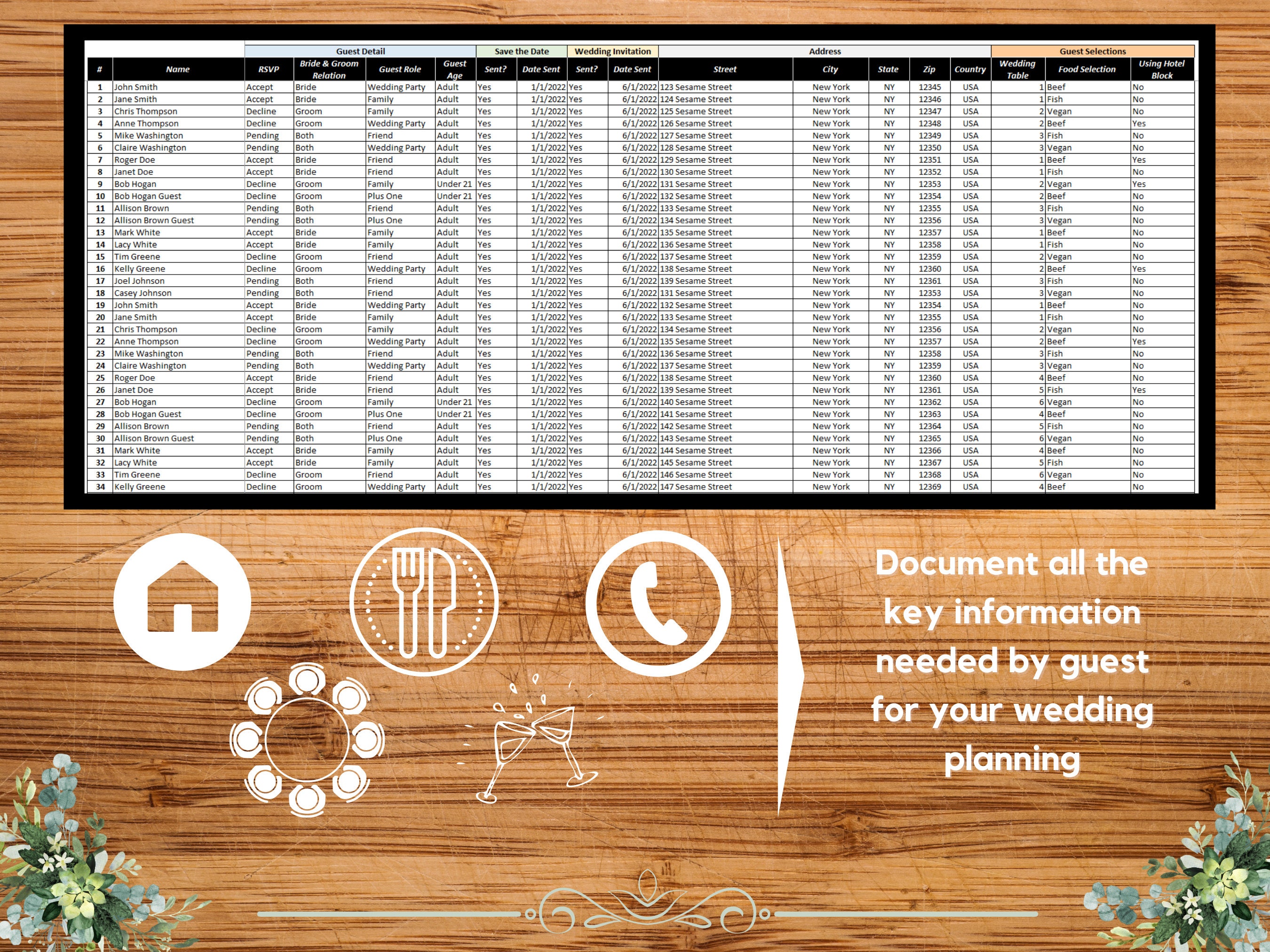 Wedding Excel Master Guest List Template - Etsy