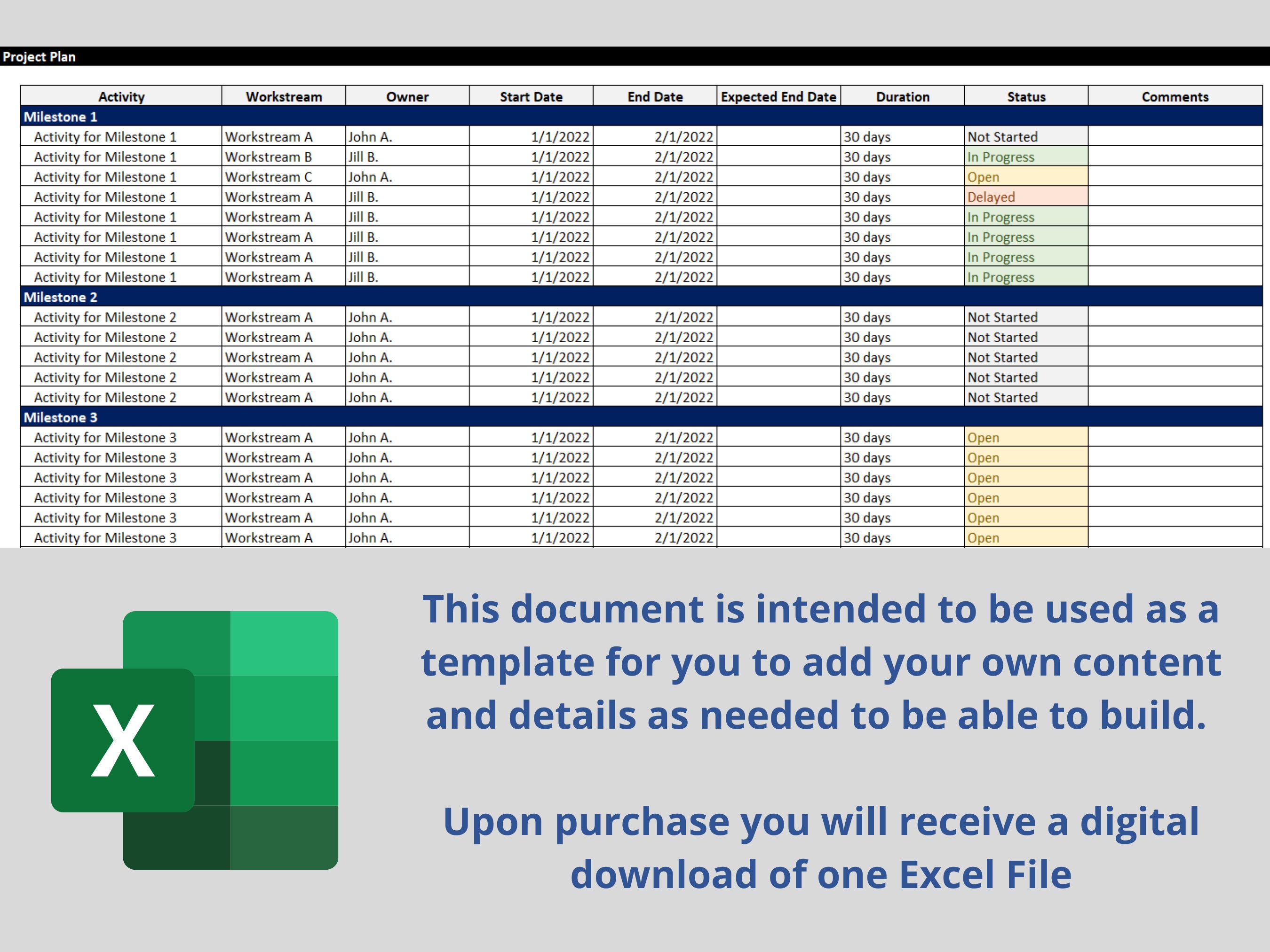 Excel Project Plan Template - Etsy