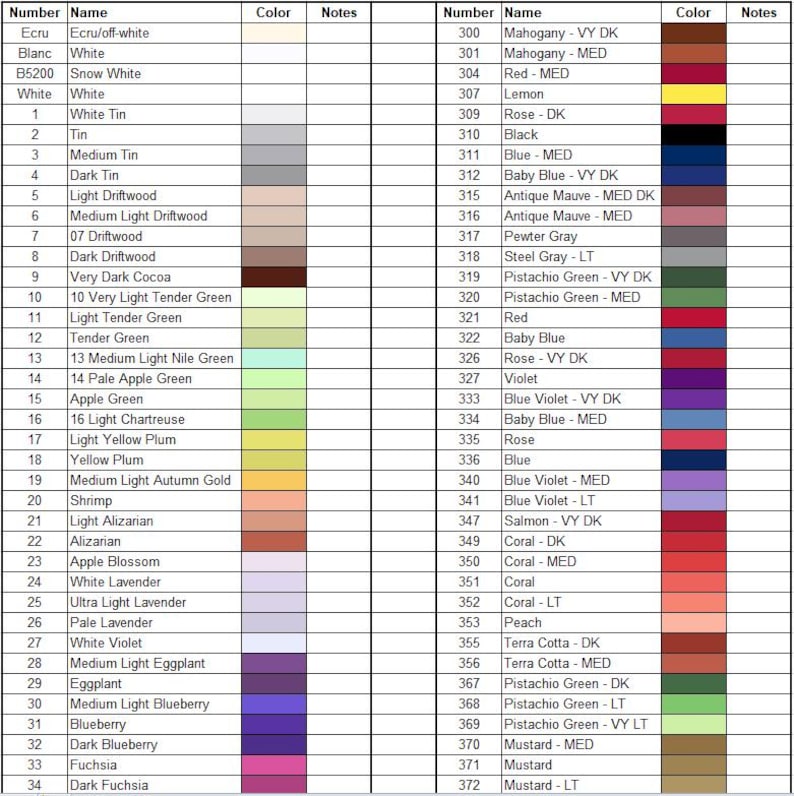 DMC Color Chart for Diamond Painting PDF Download File, Printable DMC ...